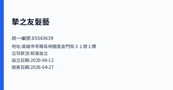 摯之友髮藝的照片-統編 85543639(高雄市) 公司登記資料與營業項目詳細圖表