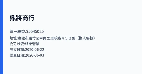 鼎將商行的照片-統編 85545025(高雄市) 公司登記資料與營業項目詳細圖表
