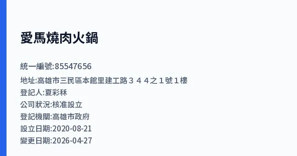 愛馬燒肉火鍋的照片-統編 85547656(高雄市) 公司登記資料與營業項目詳細圖表