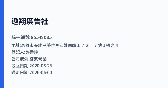 遨翔廣告社的照片-統編 85548085(高雄市) 公司登記資料與營業項目詳細圖表