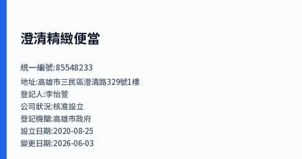澄清精緻便當的照片-統編 85548233(高雄市) 公司登記資料與營業項目詳細圖表