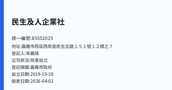 民生及人企業社的照片-統編 85552025(嘉義市) 公司登記資料與營業項目詳細圖表