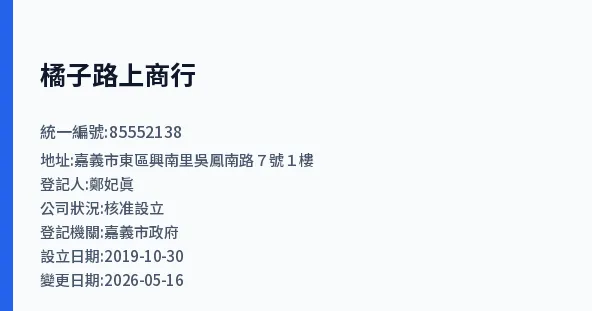 橘子路上商行的照片-統編 85552138(嘉義市) 公司登記資料與營業項目詳細圖表
