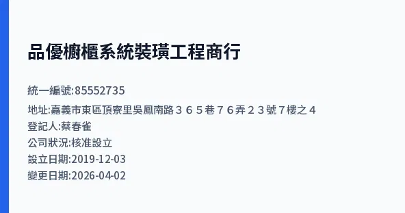 品優櫥櫃系統裝璜工程商行的照片-統編 85552735(嘉義市) 公司登記資料與營業項目詳細圖表