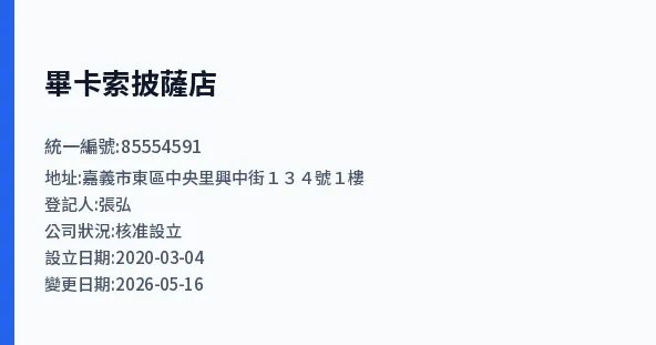 畢卡索披薩店的照片-統編 85554591(嘉義市) 公司登記資料與營業項目詳細圖表