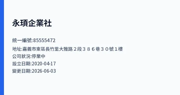 永頊企業社的照片-統編 85555472(嘉義市) 公司登記資料與營業項目詳細圖表