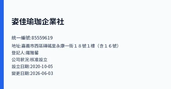 姿佳瑜珈企業社的照片-統編 85559619(嘉義市) 公司登記資料與營業項目詳細圖表