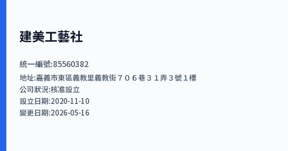 建美工藝社的照片-統編 85560382(嘉義市) 公司登記資料與營業項目詳細圖表
