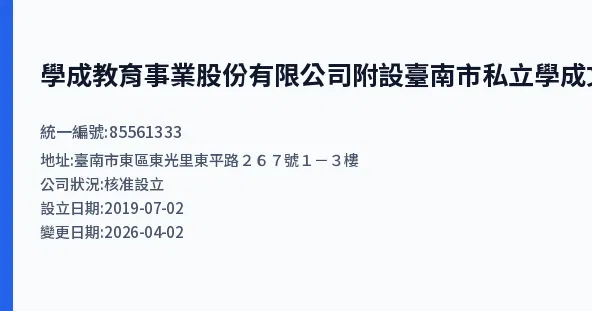 學成教育事業股份有限公司附設臺南市私立學成文理短期補習班的照片-統編 85561333(臺南市) 公司登記資料與營業項目詳細圖表