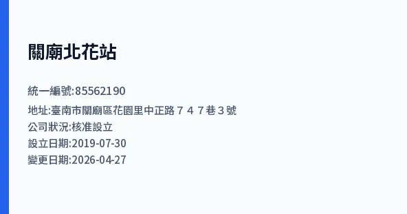 關廟北花站的照片-統編 85562190(臺南市) 公司登記資料與營業項目詳細圖表