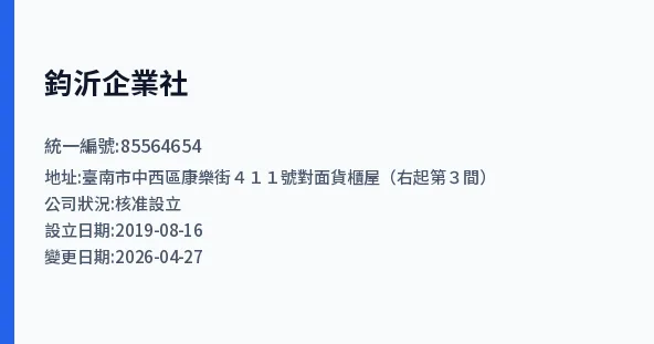 鈞沂企業社的照片-統編 85564654(臺南市) 公司登記資料與營業項目詳細圖表