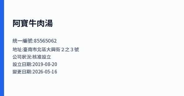 阿寶牛肉湯的照片-統編 85565062(臺南市) 公司登記資料與營業項目詳細圖表