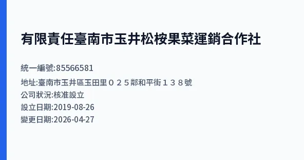 有限責任臺南市玉井松桉果菜運銷合作社的照片-統編 85566581(臺南市) 公司登記資料與營業項目詳細圖表