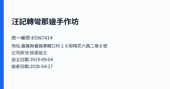 汪記轉彎那邊手作坊的照片-統編 85567414(嘉義縣) 公司登記資料與營業項目詳細圖表