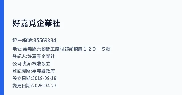 好嘉覓企業社的照片-統編 85569834(嘉義縣) 公司登記資料與營業項目詳細圖表