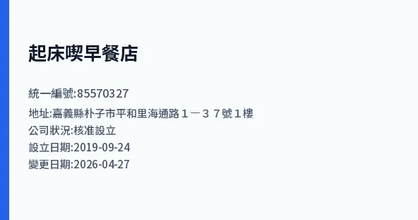 起床喫早餐店的照片-統編 85570327(嘉義縣) 公司登記資料與營業項目詳細圖表