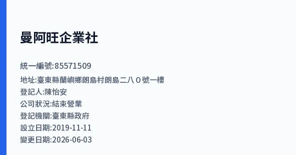 曼阿旺企業社的照片-統編 85571509(臺東縣) 公司登記資料與營業項目詳細圖表