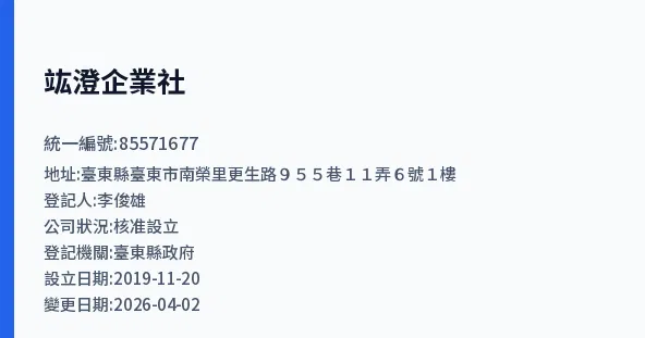 竑澄企業社的照片-統編 85571677(臺東縣) 公司登記資料與營業項目詳細圖表