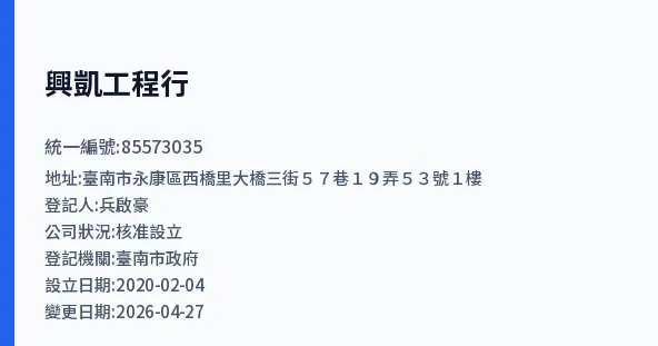 興凱工程行的照片-統編 85573035(臺南市) 公司登記資料與營業項目詳細圖表
