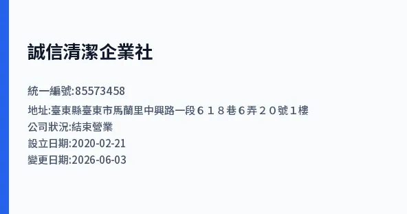 誠信清潔企業社的照片-統編 85573458(臺東縣) 公司登記資料與營業項目詳細圖表
