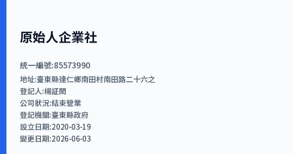 原始人企業社的照片-統編 85573990(臺東縣) 公司登記資料與營業項目詳細圖表