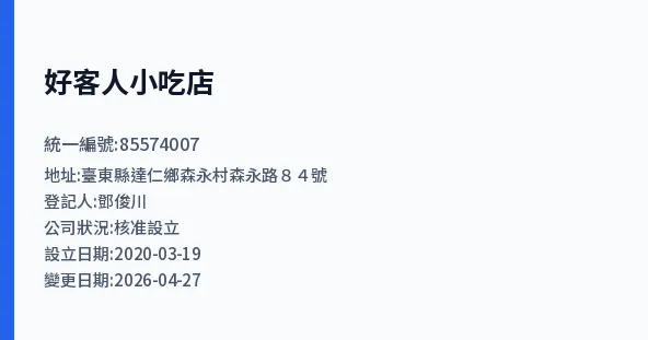 好客人小吃店的照片-統編 85574007(臺東縣) 公司登記資料與營業項目詳細圖表