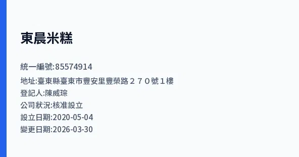 東晨米糕的照片-統編 85574914(臺東縣) 公司登記資料與營業項目詳細圖表