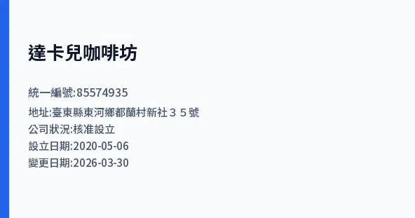 達卡兒咖啡坊的照片-統編 85574935(臺東縣) 公司登記資料與營業項目詳細圖表