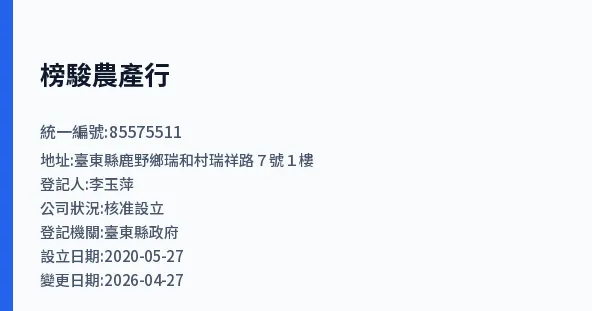 榜駿農產行的照片-統編 85575511(臺東縣) 公司登記資料與營業項目詳細圖表