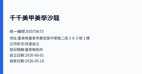 千千美甲美學沙龍的照片-統編 85575673(臺東縣) 公司登記資料與營業項目詳細圖表