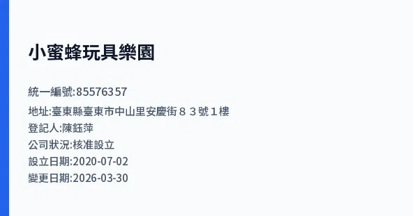 小蜜蜂玩具樂園的照片-統編 85576357(臺東縣) 公司登記資料與營業項目詳細圖表