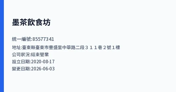 墨茶飲食坊的照片-統編 85577341(臺東縣) 公司登記資料與營業項目詳細圖表