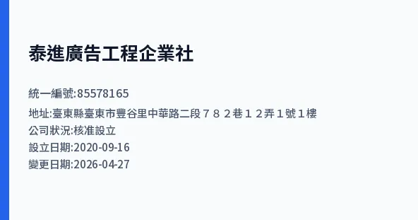 泰進廣告工程企業社的照片-統編 85578165(臺東縣) 公司登記資料與營業項目詳細圖表