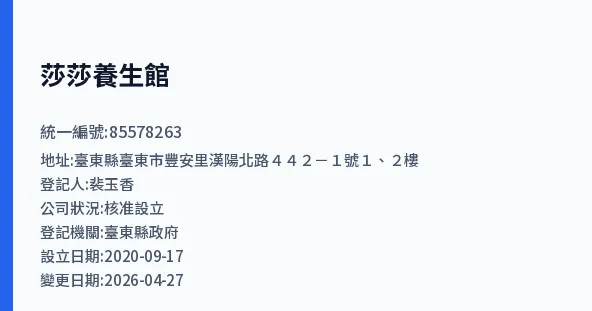 莎莎養生館的照片-統編 85578263(臺東縣) 公司登記資料與營業項目詳細圖表