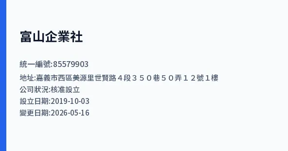 富山企業社的照片-統編 85579903(嘉義市) 公司登記資料與營業項目詳細圖表