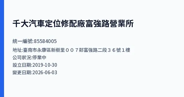 千大汽車定位修配廠富強路營業所的照片-統編 85584005(臺南市) 公司登記資料與營業項目詳細圖表