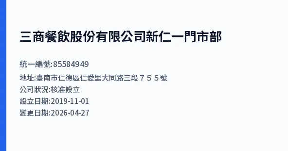 三商餐飲股份有限公司新仁一門市部的照片-統編 85584949(臺南市) 公司登記資料與營業項目詳細圖表