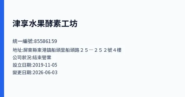 津享水果酵素工坊的照片-統編 85586159(屏東縣) 公司登記資料與營業項目詳細圖表