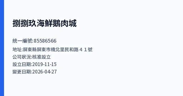 捌捌玖海鮮鵝肉城的照片-統編 85586566(屏東縣) 公司登記資料與營業項目詳細圖表