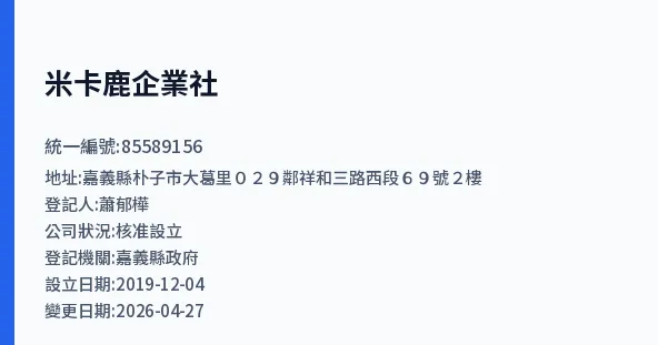 米卡鹿企業社的照片-統編 85589156(嘉義縣) 公司登記資料與營業項目詳細圖表