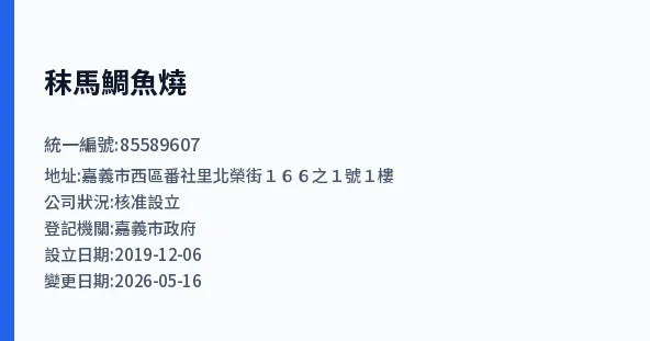 秣馬鯛魚燒的照片-統編 85589607(嘉義市) 公司登記資料與營業項目詳細圖表