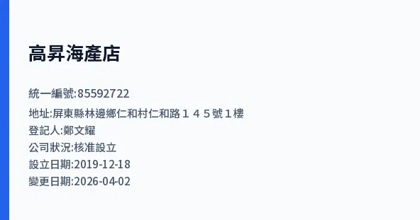 高昇海產店的照片-統編 85592722(屏東縣) 公司登記資料與營業項目詳細圖表