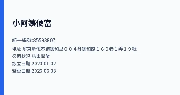 小阿姨便當的照片-統編 85593807(屏東縣) 公司登記資料與營業項目詳細圖表