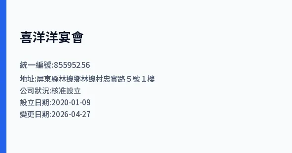 喜洋洋宴會的照片-統編 85595256(屏東縣) 公司登記資料與營業項目詳細圖表
