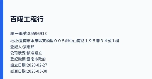 百曜工程行的照片-統編 85596918(臺南市) 公司登記資料與營業項目詳細圖表