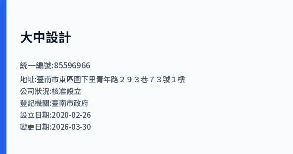 大中設計的照片-統編 85596966(臺南市) 公司登記資料與營業項目詳細圖表