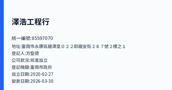 澤浩工程行的照片-統編 85597070(臺南市) 公司登記資料與營業項目詳細圖表