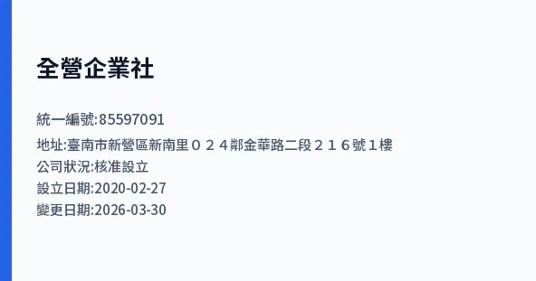 全營企業社的照片-統編 85597091(臺南市) 公司登記資料與營業項目詳細圖表