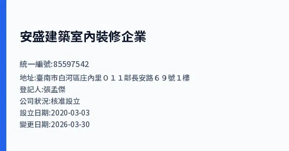 安盛建築室內裝修企業的照片-統編 85597542(臺南市) 公司登記資料與營業項目詳細圖表