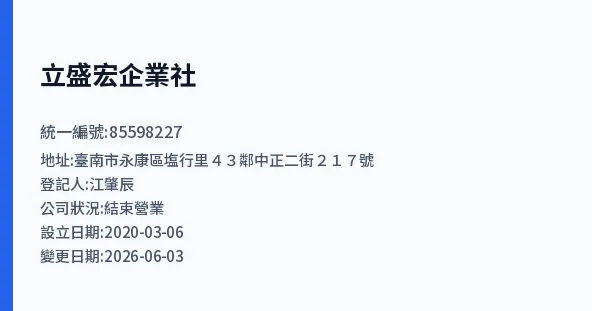立盛宏企業社的照片-統編 85598227(臺南市) 公司登記資料與營業項目詳細圖表